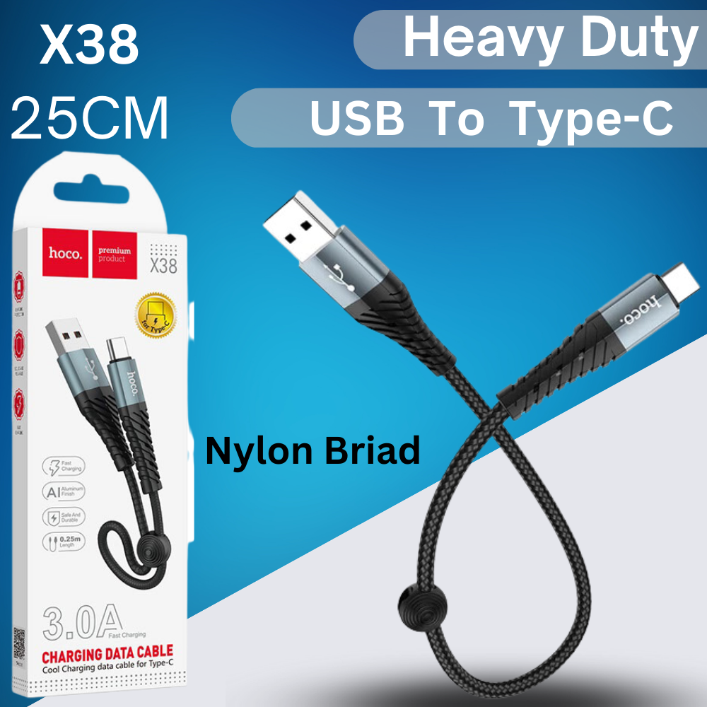 [X38][25CM Short][Heavy Duty][USB To Type-C] HOCO Universal Traveling Fast Charging USB Cable ...