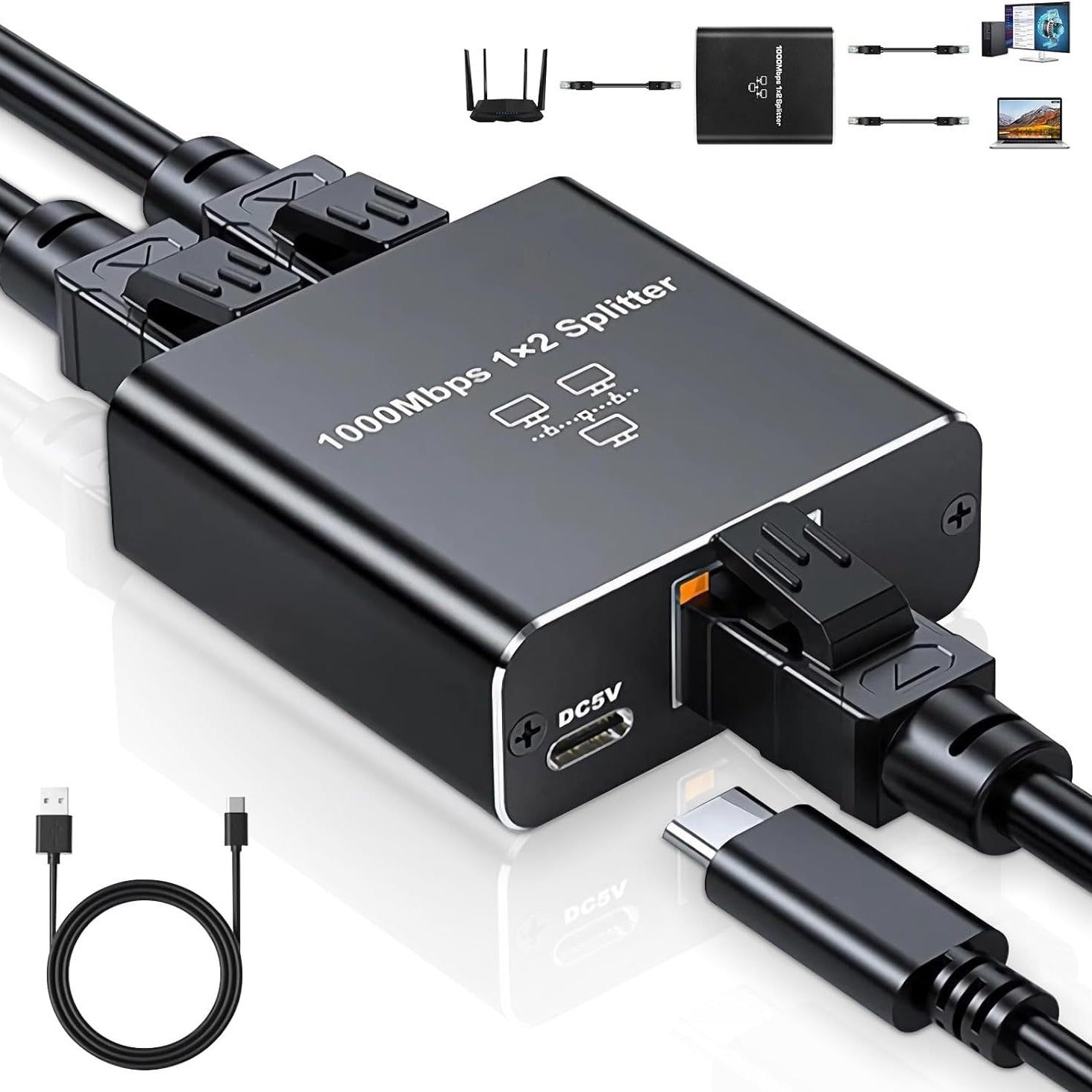 3 Ports Ethernet RJ45 Splitter 1 In / 2 Out, 1000Mbps High Speed With ...