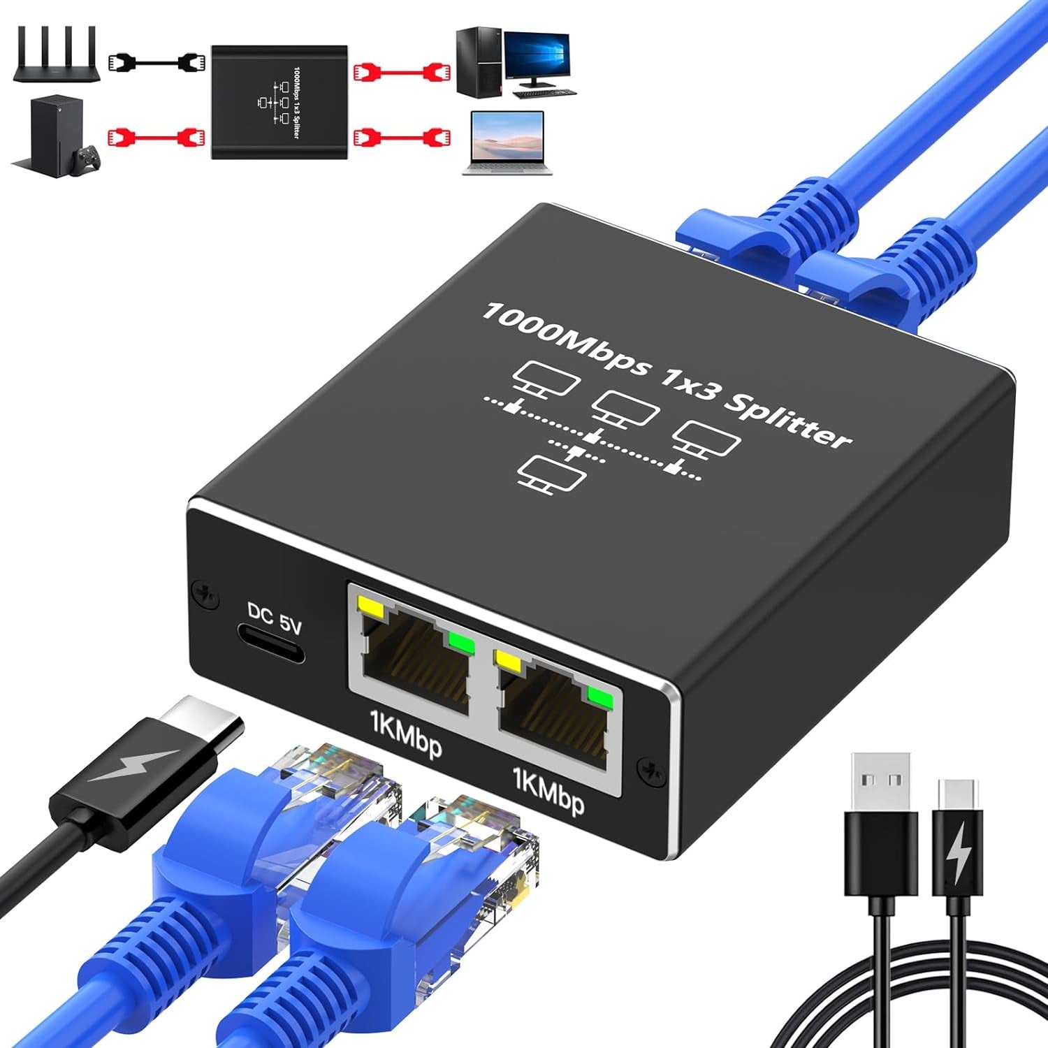 4 Ports Ethernet RJ45 Splitter 1 In / 3 Out 1000Mbps High Speed With ...