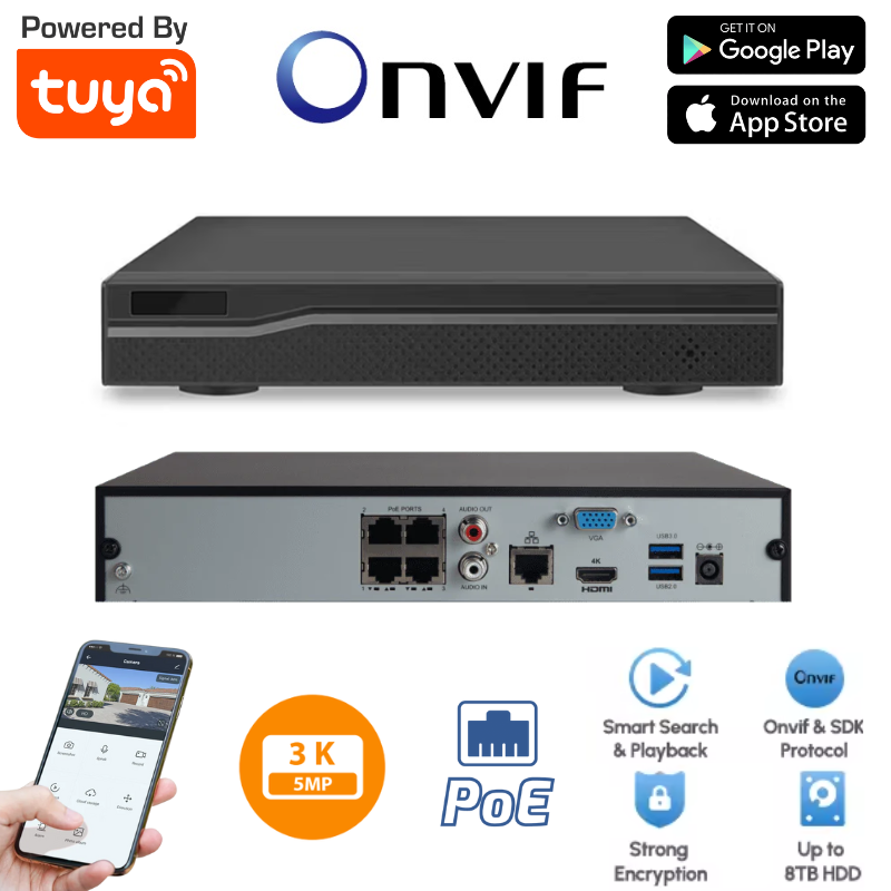 [TY-POE-4CH-5MP] TUYA 4 Channel NVR with 4 PoE Ports 1 HDD Max Support ...